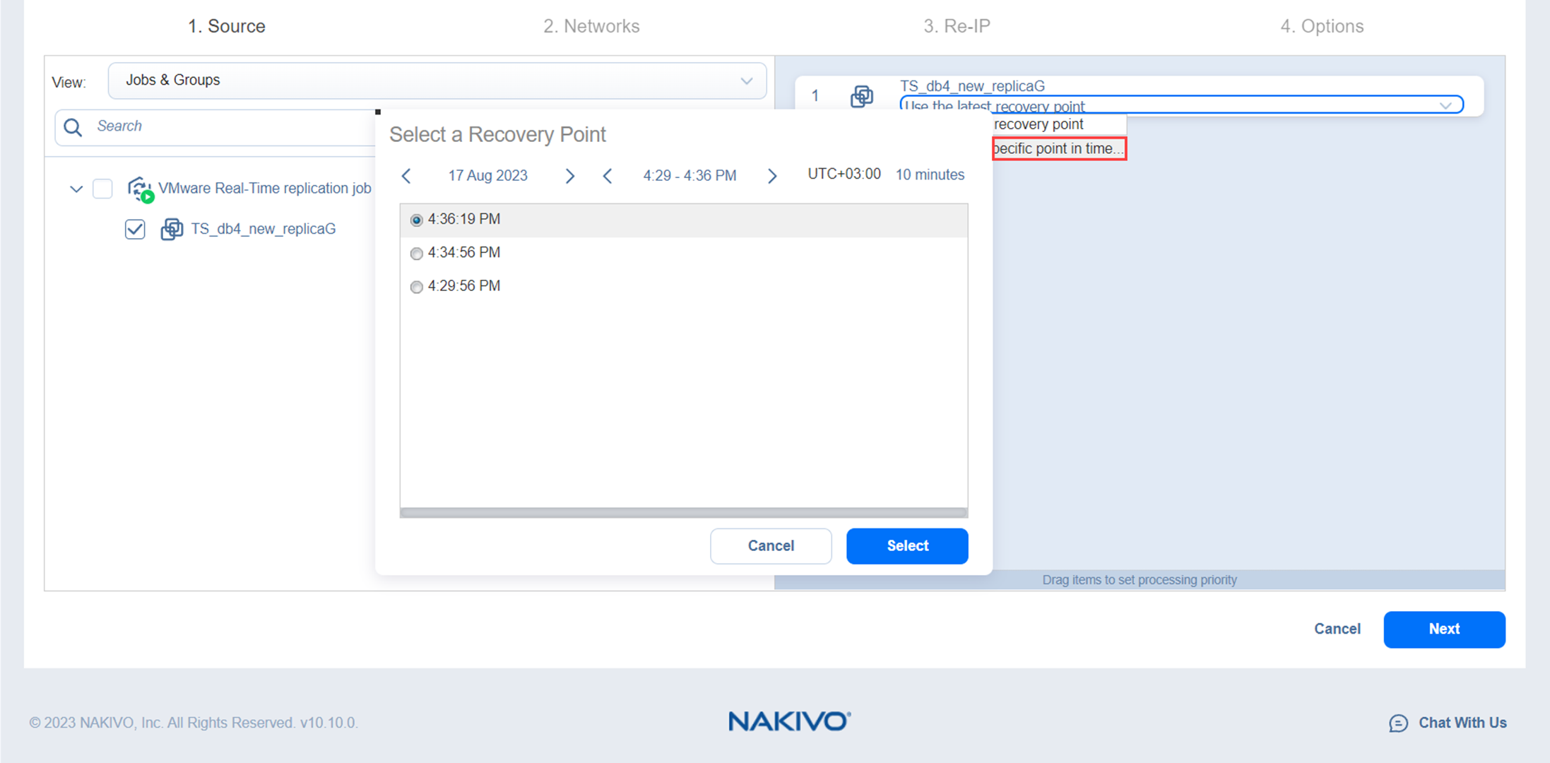 Real-Time Replication Failover (Beta) Job Wizard for VMware: Source